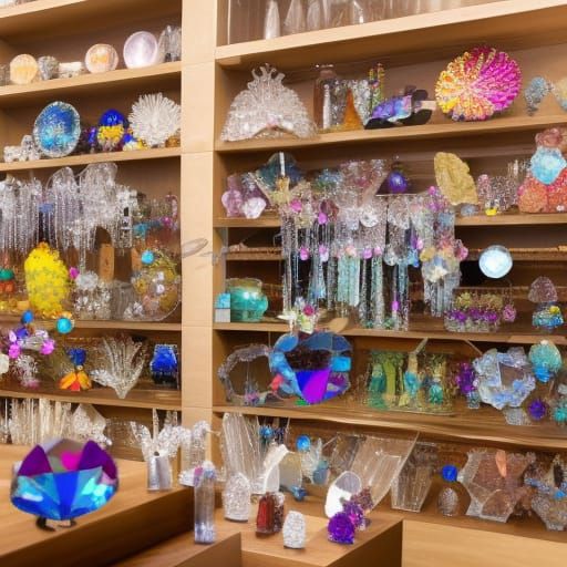 vibrant crystal shop filled with a colorful array of crystals, shelves ...