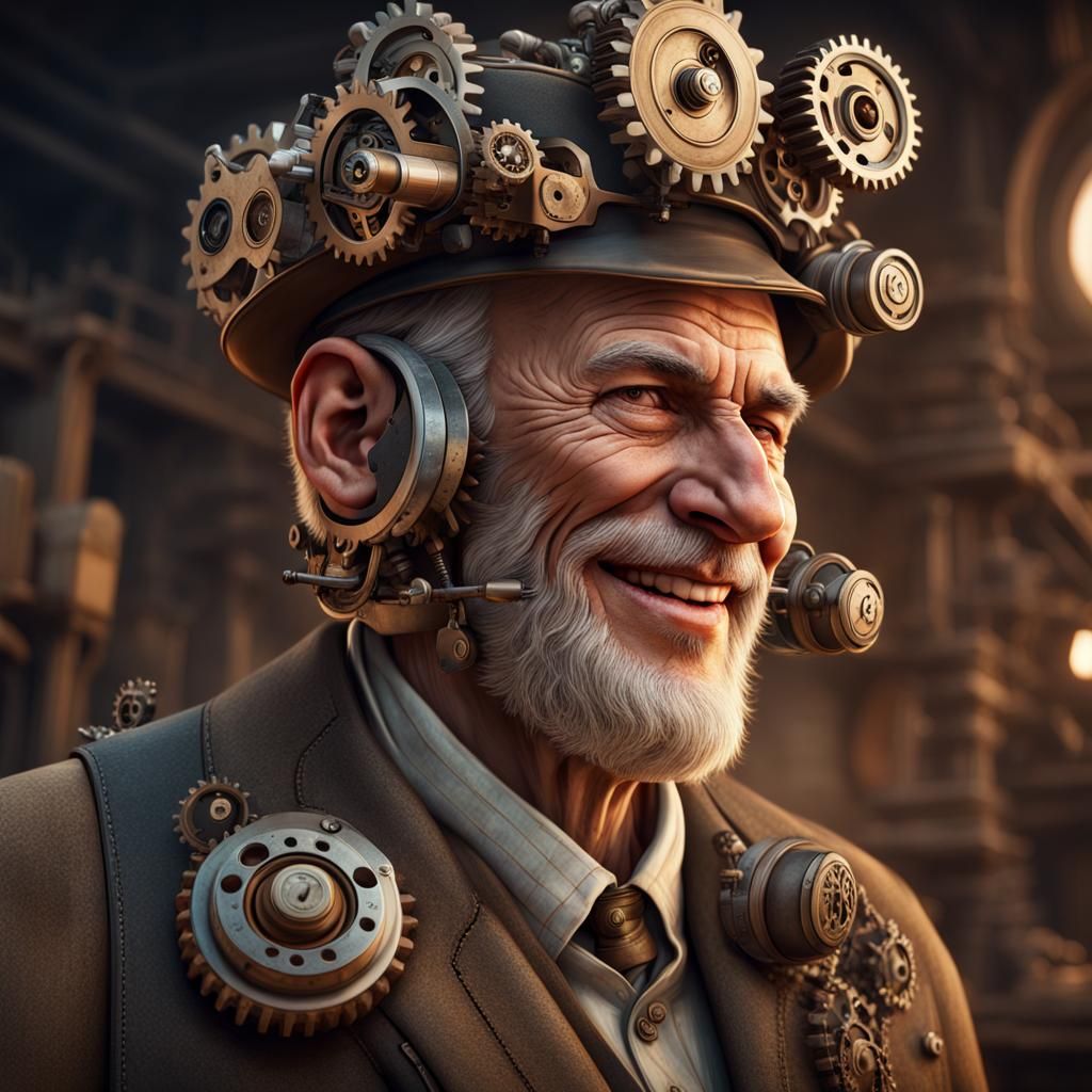 Hyperrealistic portrait of a old short crazylooking smiling man with ...
