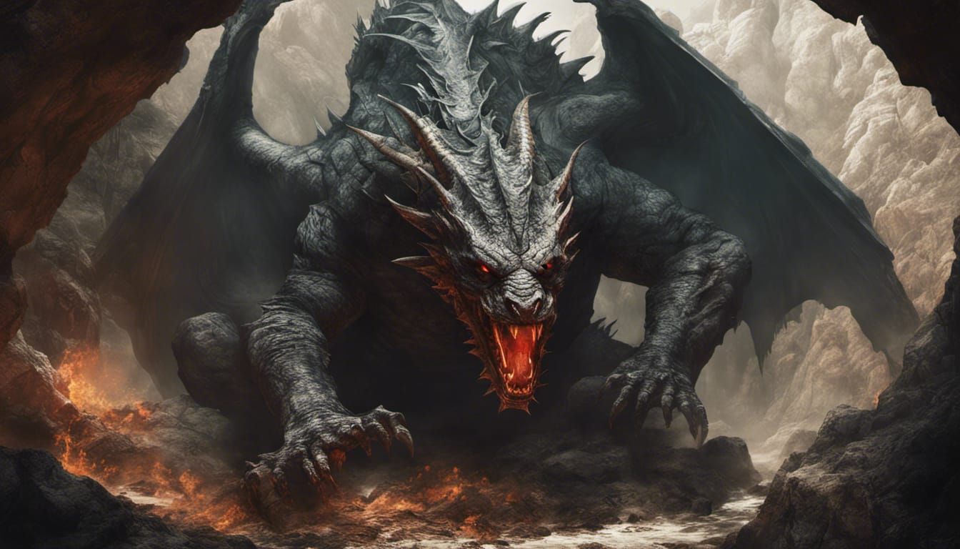 Angry dragon emerging from a cave in a sharp photography by Russ Mills ...