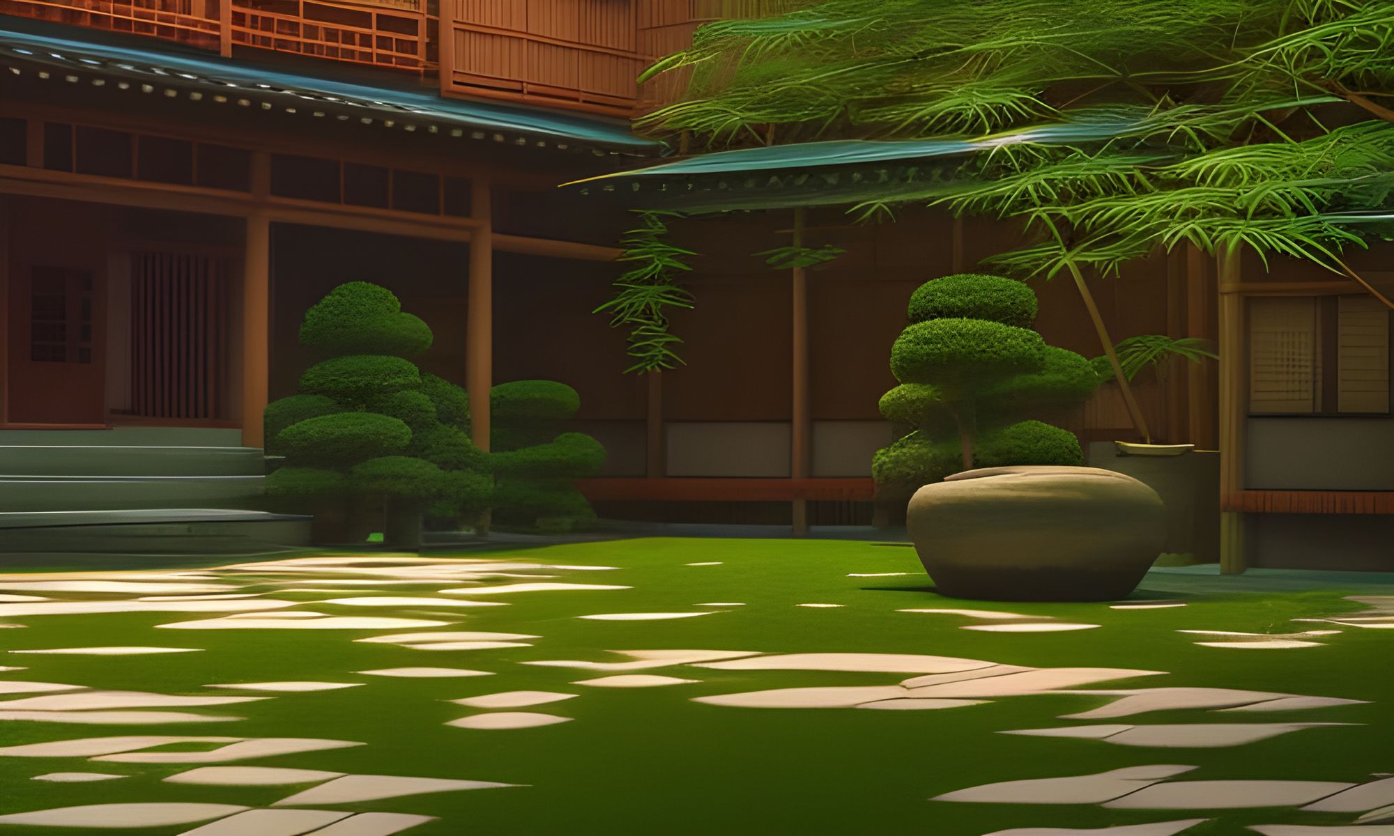 Japanese bamboo Dojo Courtyard Traditional Garden : r/nightcafe