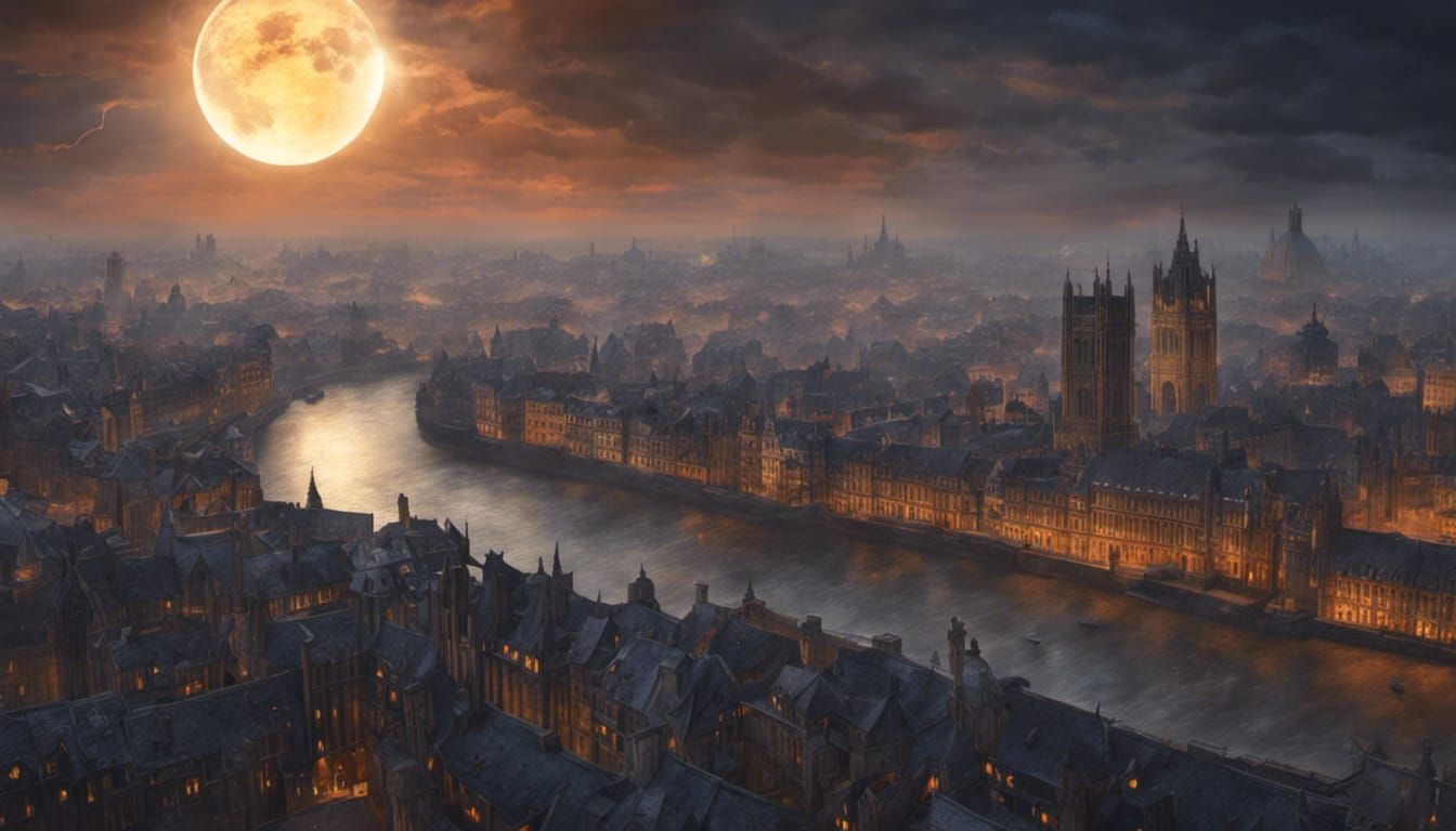 Total solar eclipse over medieval London. An eerie twilight falls over ...