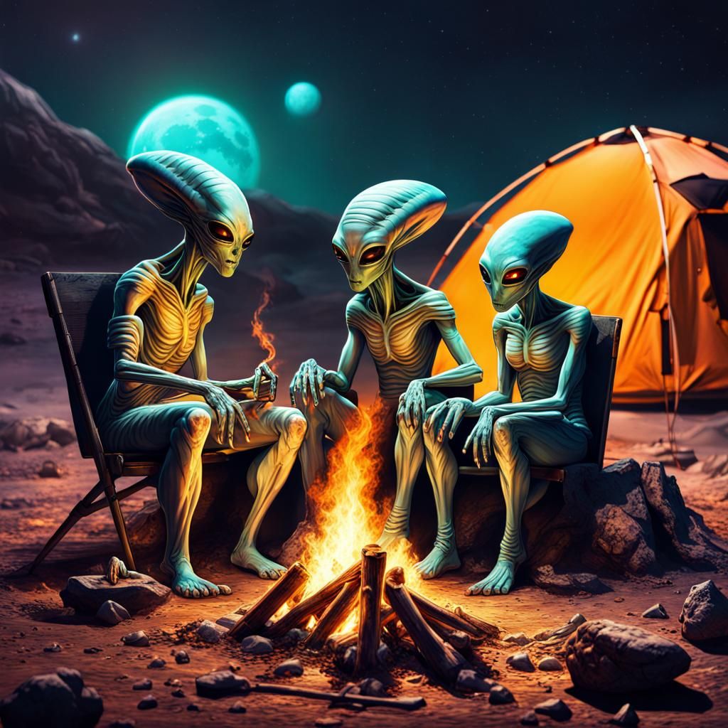 Alien Family sitting around a camp fire on the moon - AI Generated ...