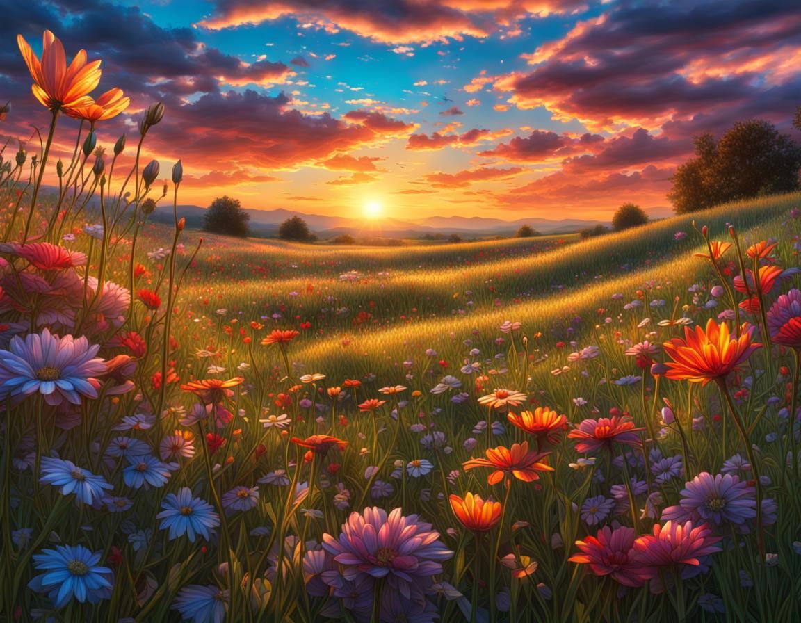 photo-realistic meadow with stained-glass flowers glittering in the ...