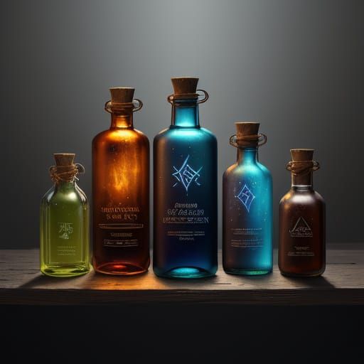 Magic potion bottles with runes on the label