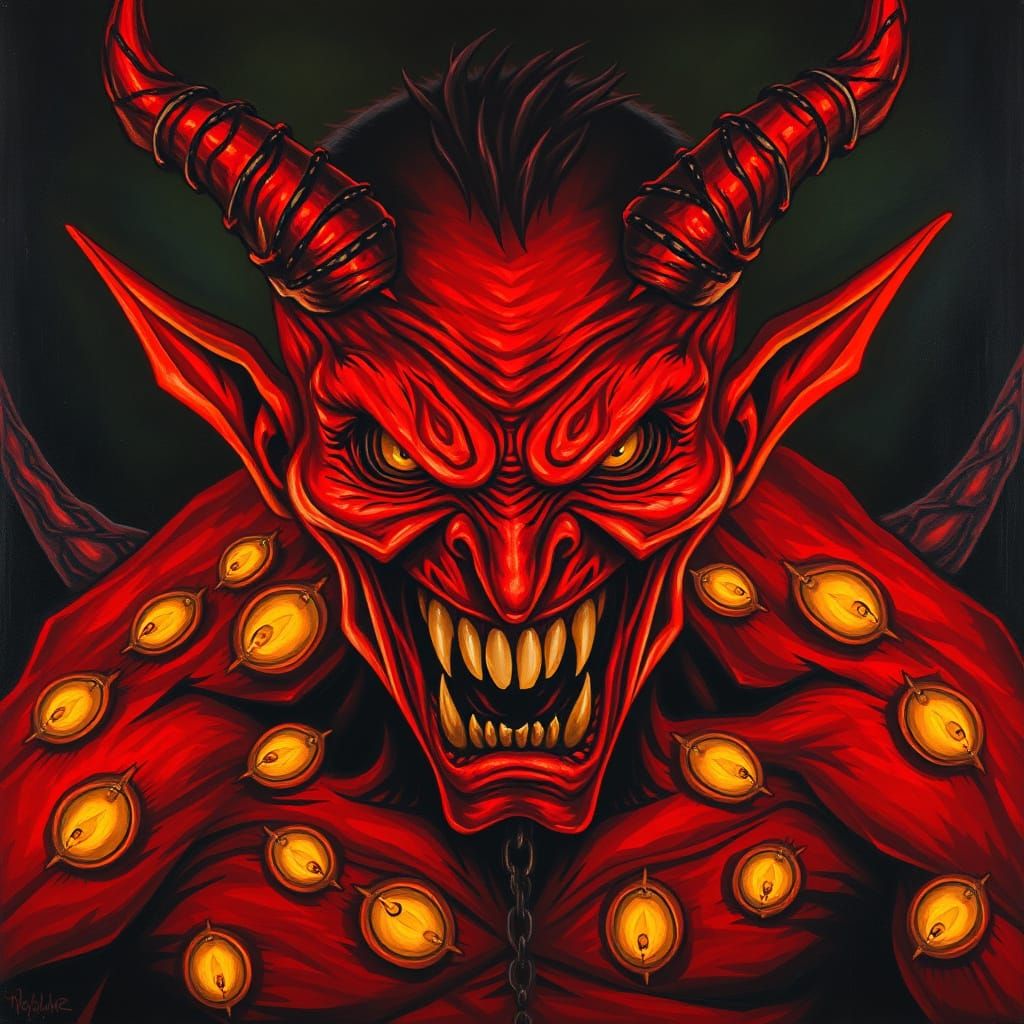Demonic Figure with 666 Eyes in Dark Oil Painting - AI Art