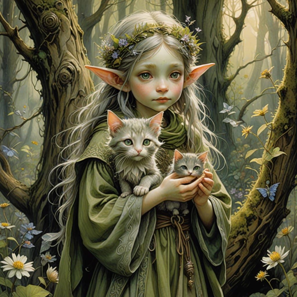 Little elf girl holding kittens - Little elf girl holding ki...