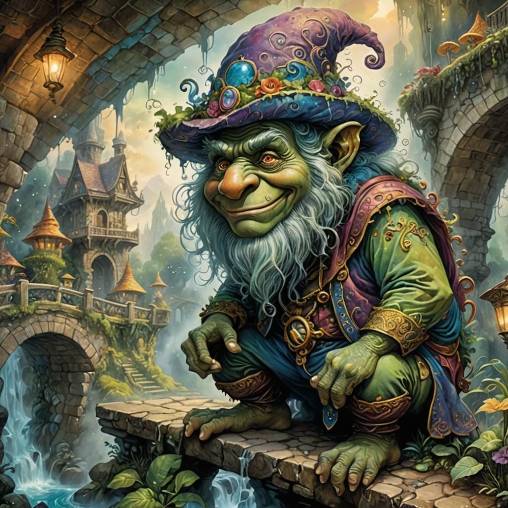 A big beautiful troll under a bridge has a thought bubble over his head ...