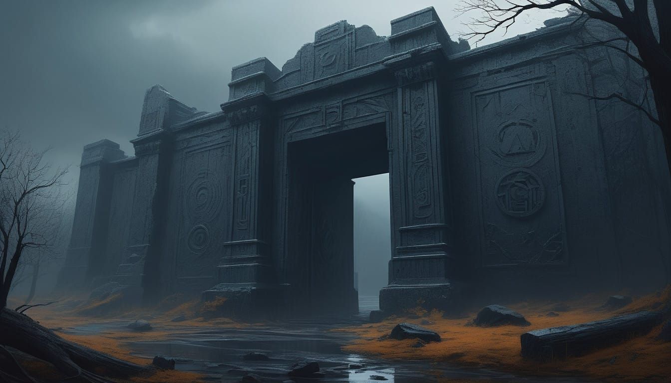 "A monumental brutalist concrete gate, inscribed with cryptic runes ...