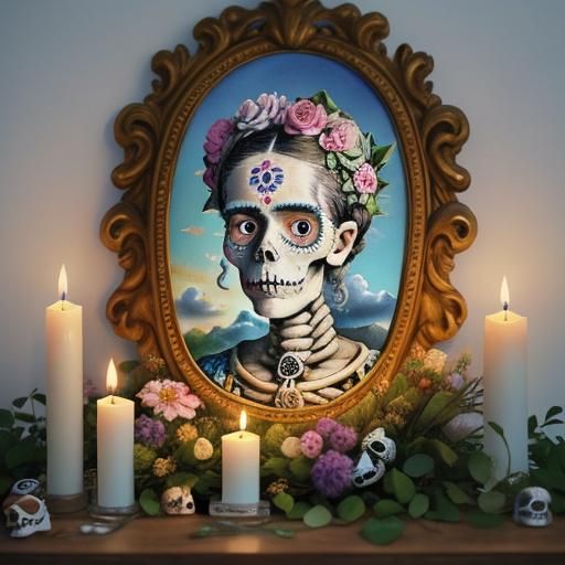 Frida Kahlo sugar skull skeleton in frame alter with candles, flowers ...