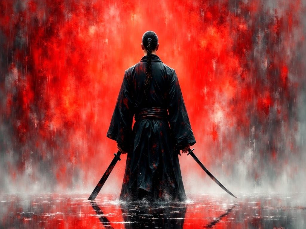 A lone samurai stands majestically in a serene pool of water, clad in a ...
