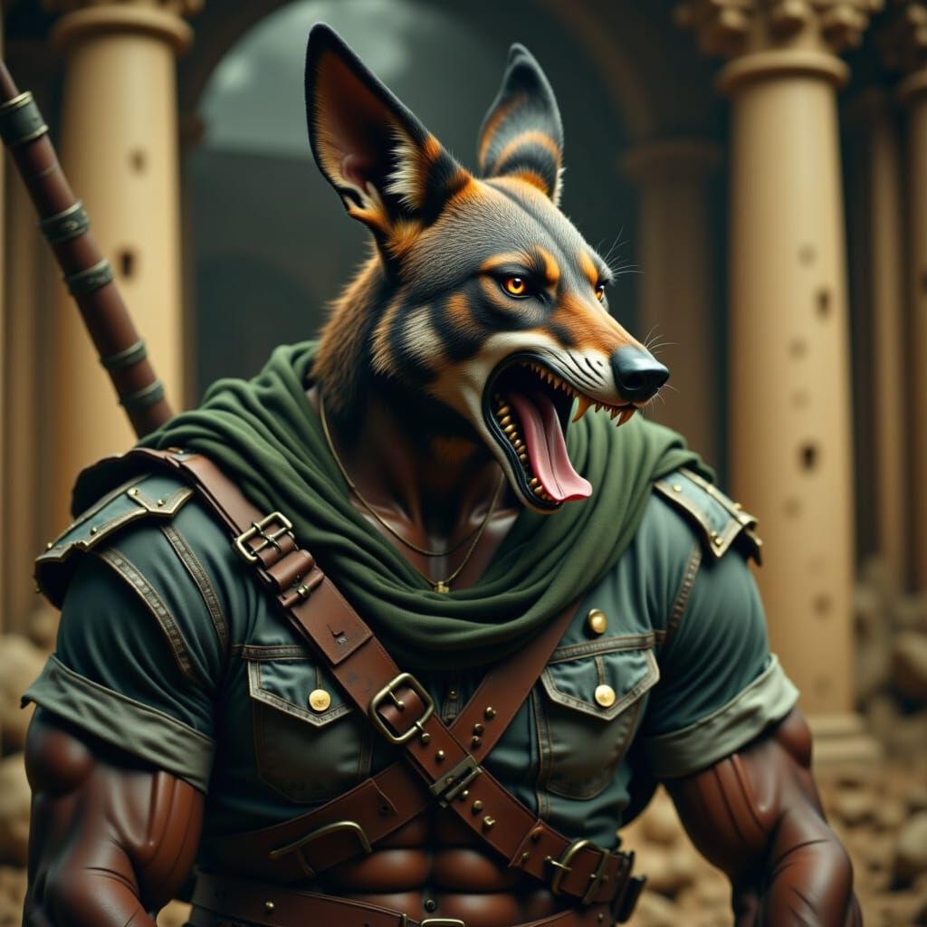 A jackal headed warrior storming a fortress