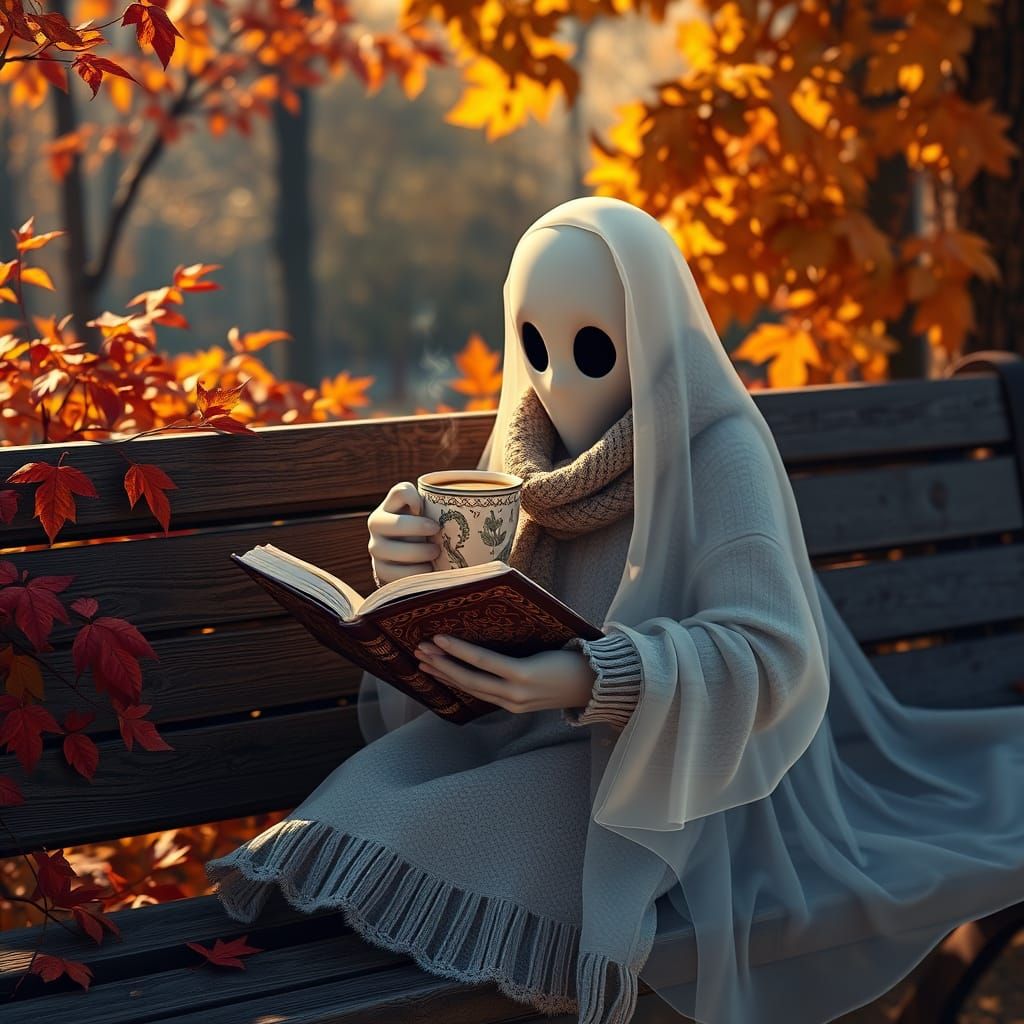 Ghost reading a book on a fall morning