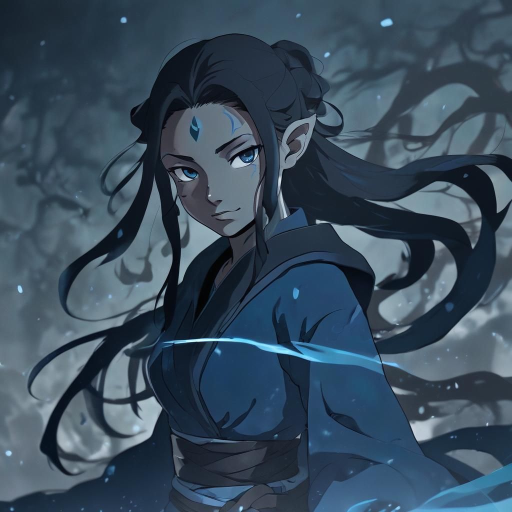 Katara in Dark Blue Gothic Anime Portrait - AI Art