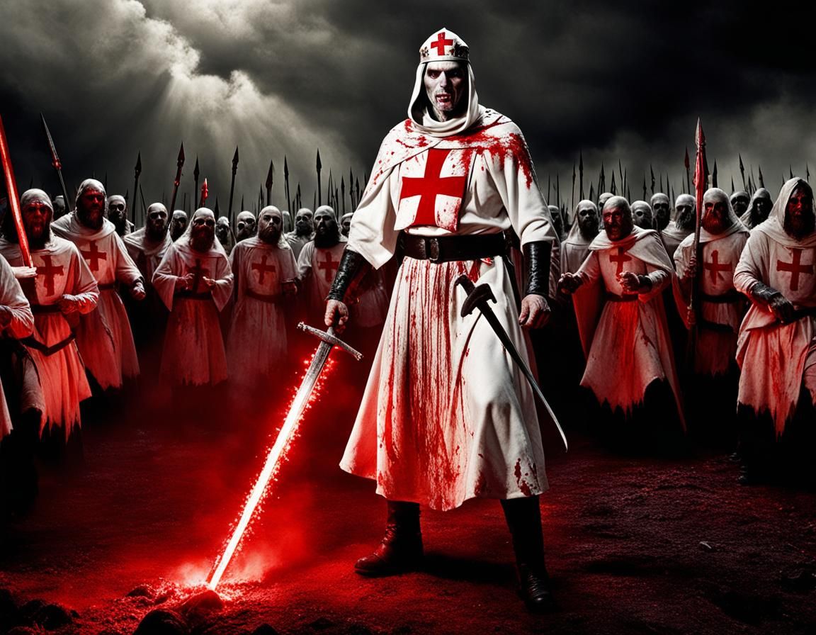 Zombie Charlie Manson as a templar knight with a loose white tunic with ...