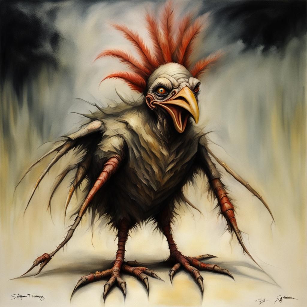 evil turkey goblin, by Stephen Gammell, by Brian Froud, by Yves Tanguy ...