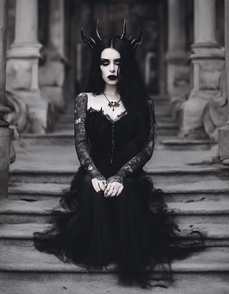 Dark Enchantment Horned Goth Girl on Stone Steps - AI Generated Artwork ...