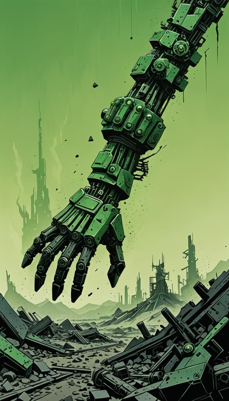 necrons comics: mechanical hand, fist, close-up, dust, inevitability ...