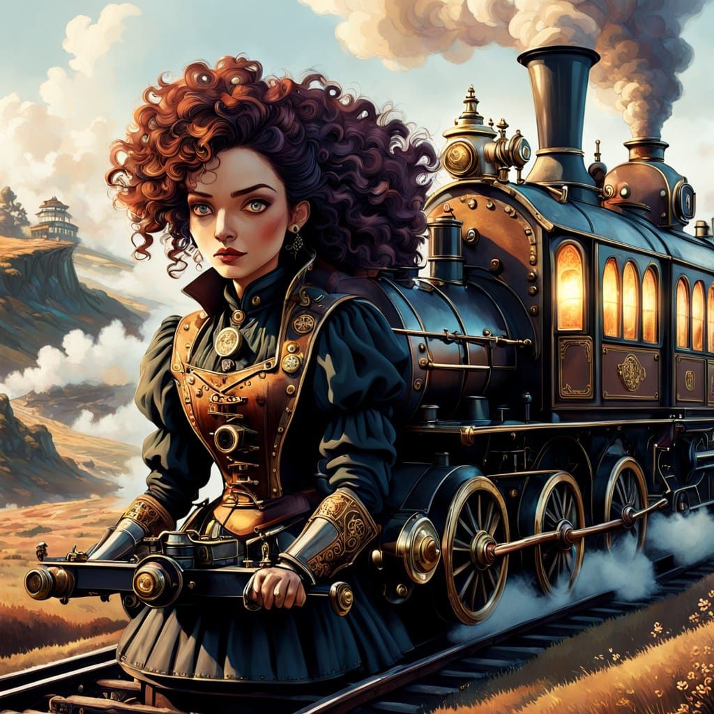 Unstoppable - Steampunk Girl Boards Vintage Steam Engine Tra...