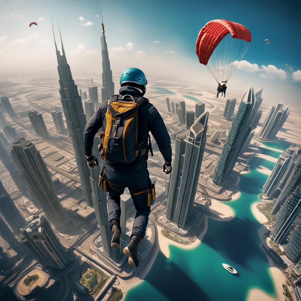 Man with parachute jumps off of tall building. - AI Generated Artwork ...