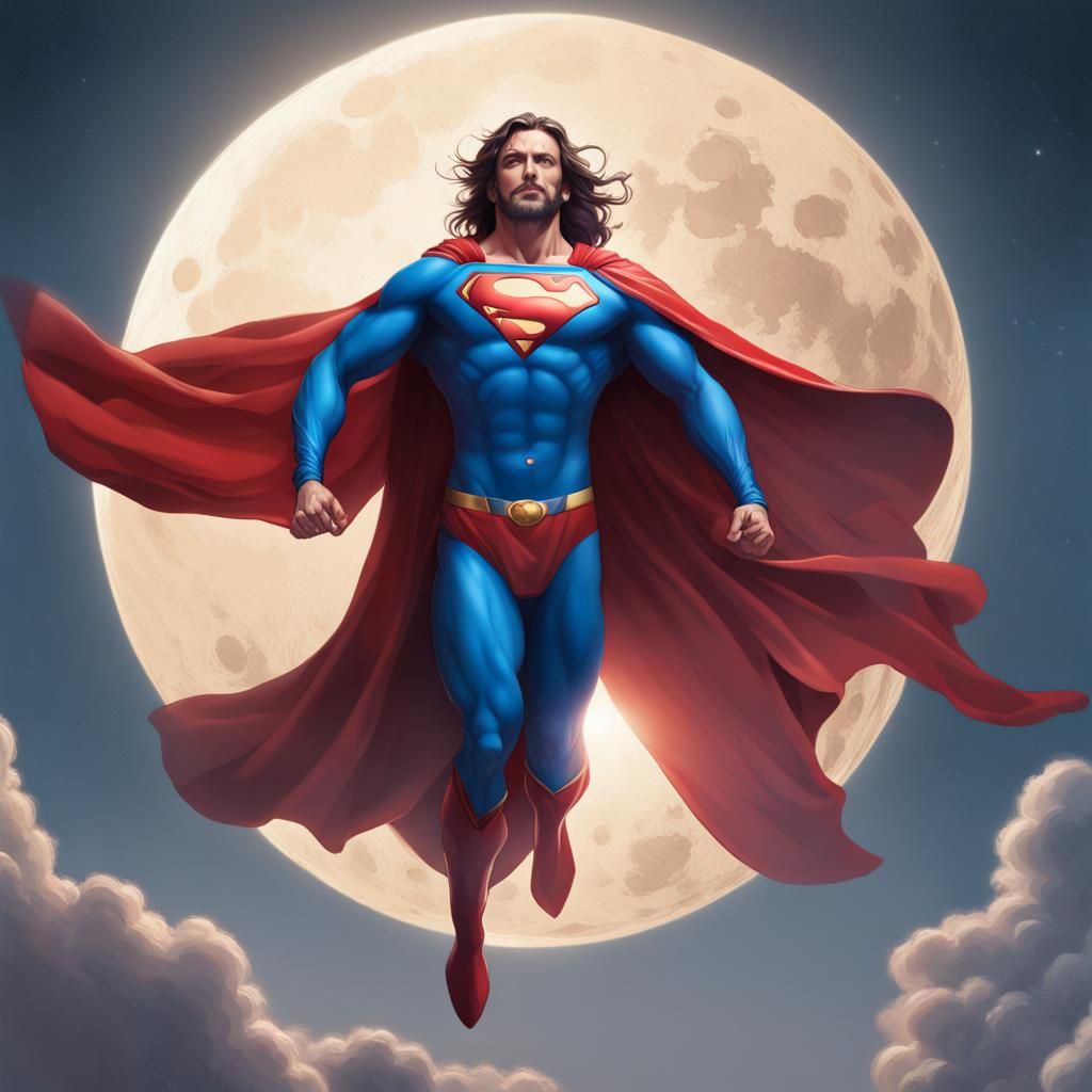 Jesus dressed as Superman flying around the moon cape flapping full ...
