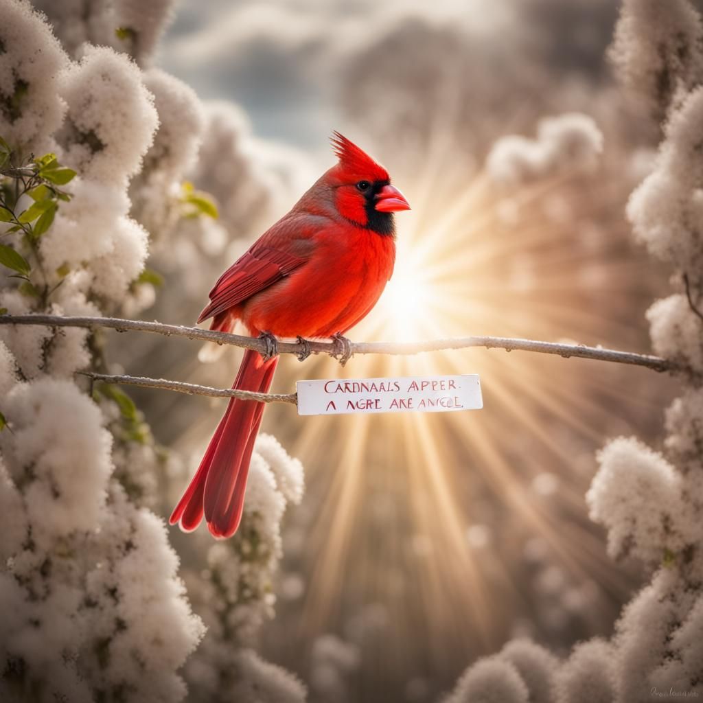 A Red Cardinal Bird with a sign saying Cardinals appear with Angels are ...