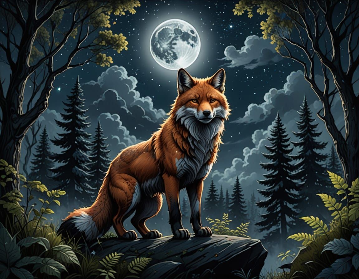 Werefox, in the night forest, starry sky and the moon hiding beyond the ...