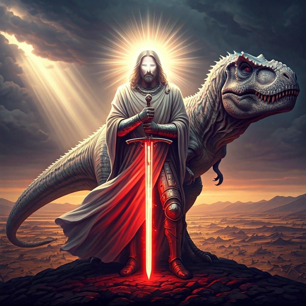 Warrior Jesus Radiates Divine Light, Surrounded by... - AI Art