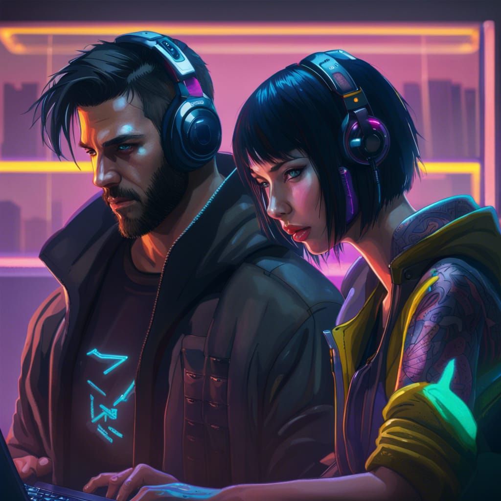 two gamers face to face girl gamer with black bob cut hair flannel ...