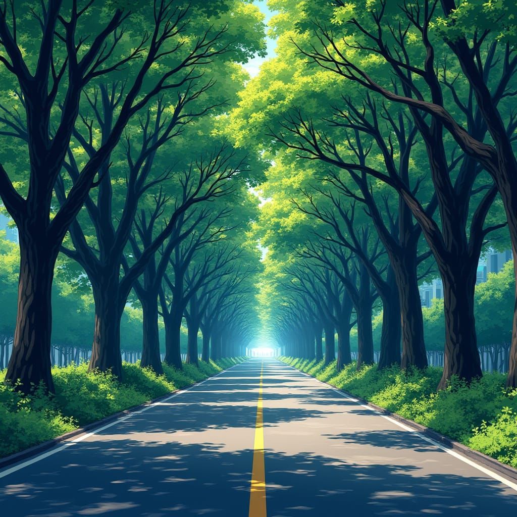 Urban Trees in 1-Point Perspective, Manga-Inspired... - AI Art