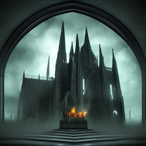 Gothic cathedral, dark, haunted, ghostly scenery, torches, open windows ...
