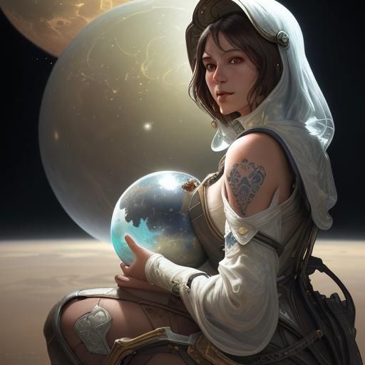 short, brown haired woman in spacesuit, helmet removed, on a grassy planet, two moons, tattoos ...