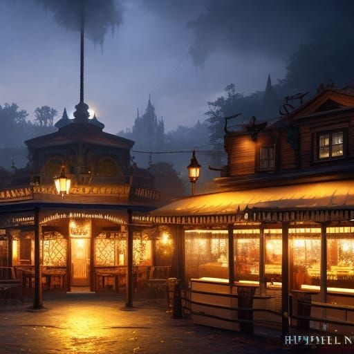A scary café at dusk, hyperdetailed, beautiful, elegant, ethereal ...