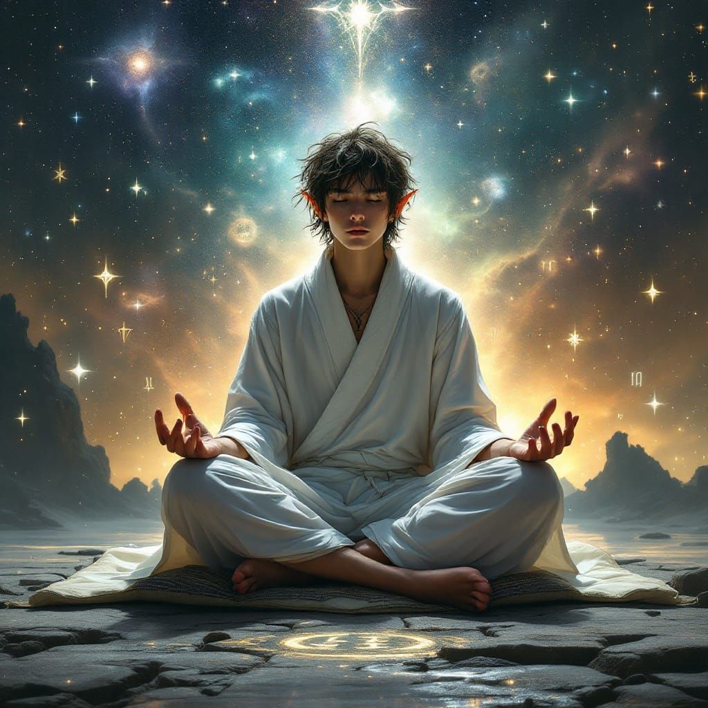 Meditating Elf 250503 - Ethereal Elf Meditates Amidst Cosmic...
