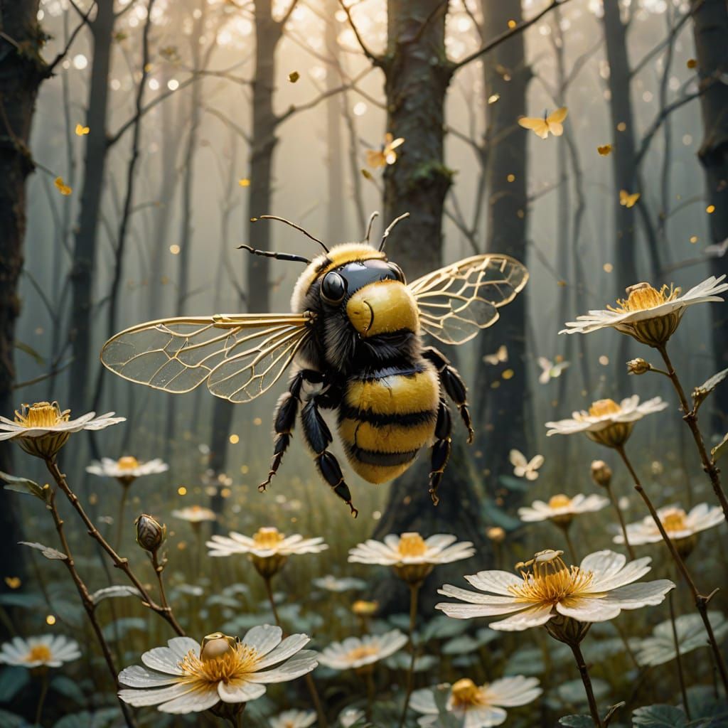 Bee surrounded by magical golden flowers