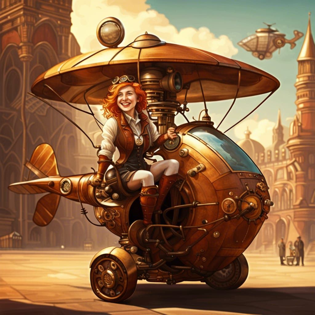 Steam powered gyrocopter with a happy ginger pilot, in a renaissance ...