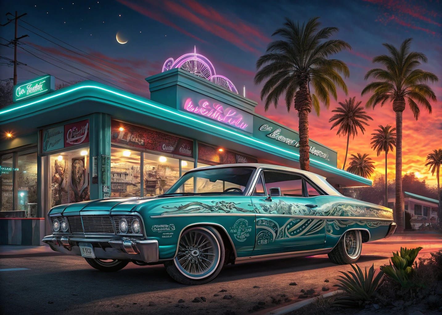 1965 Impala Lowrider at Neon Diner, in Surrealist ... - AI Art