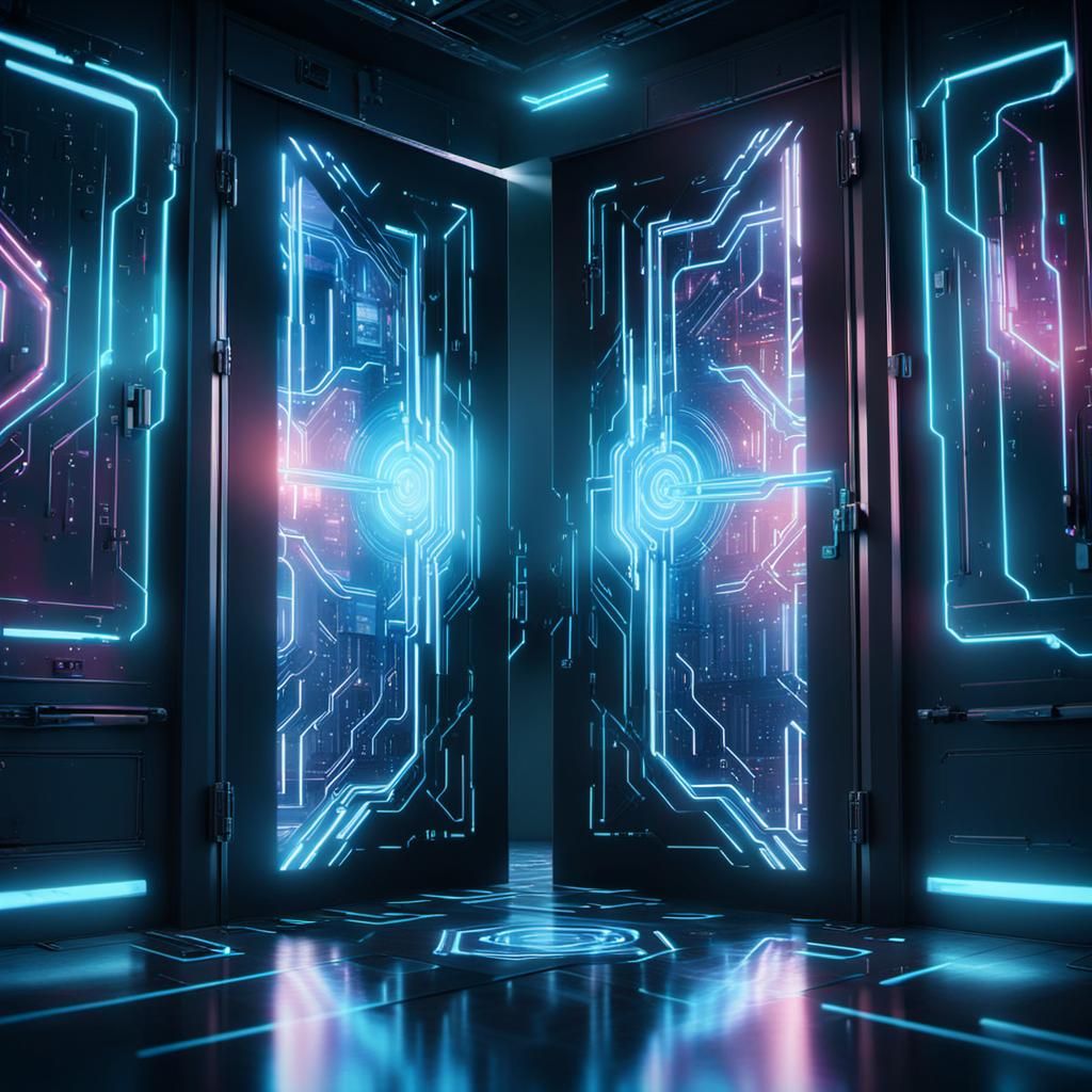 Galactic Doors - Cyberpunk Holographic Battle Unfolds Behin...