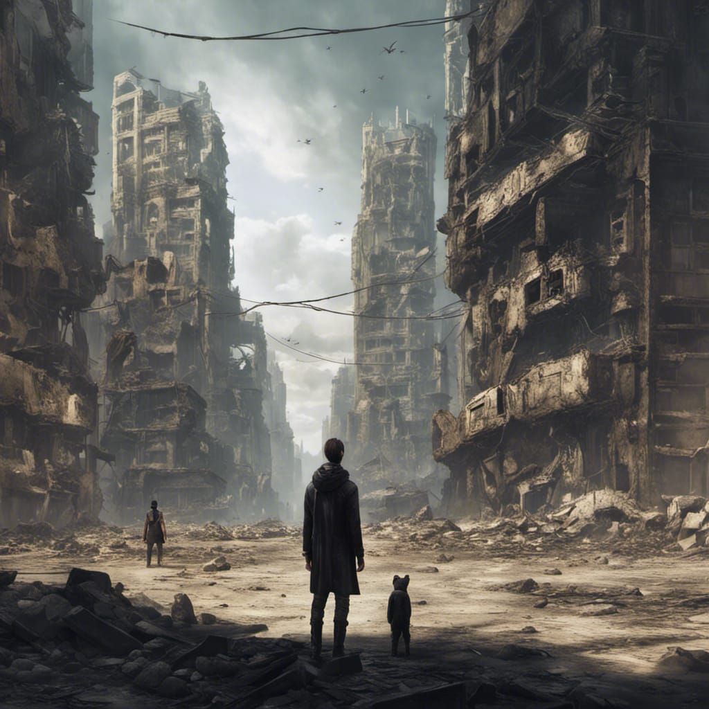 Ruined cybercity with a person staring off into the distance because ...