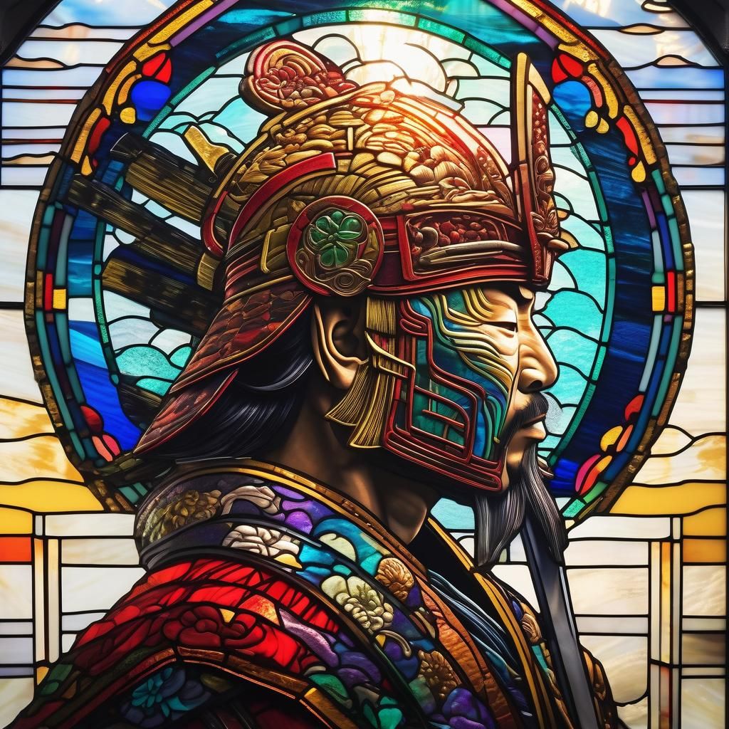 Japanese, stained glass, warrior, bright colours, intricate, sunlight ...