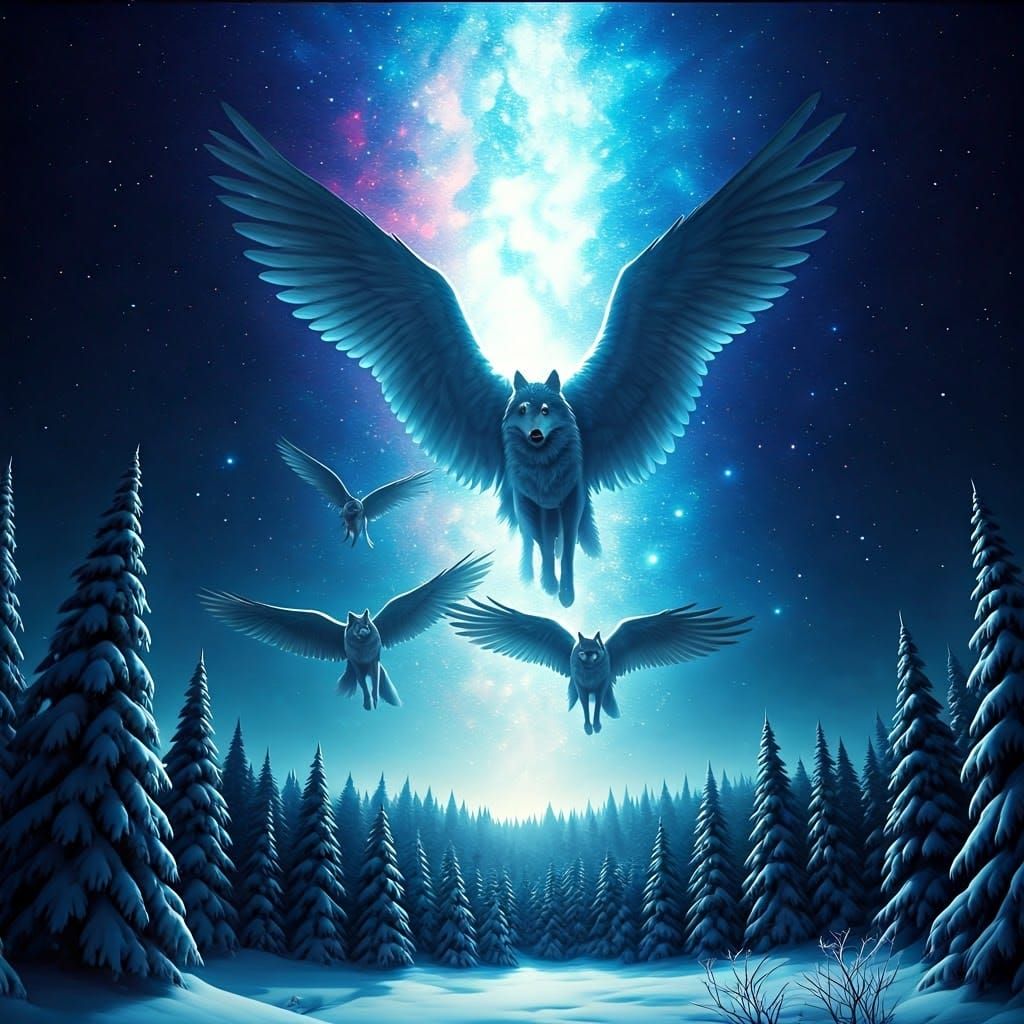 A pack of winged wolves soar through a star filled sky. A snowy forest ...