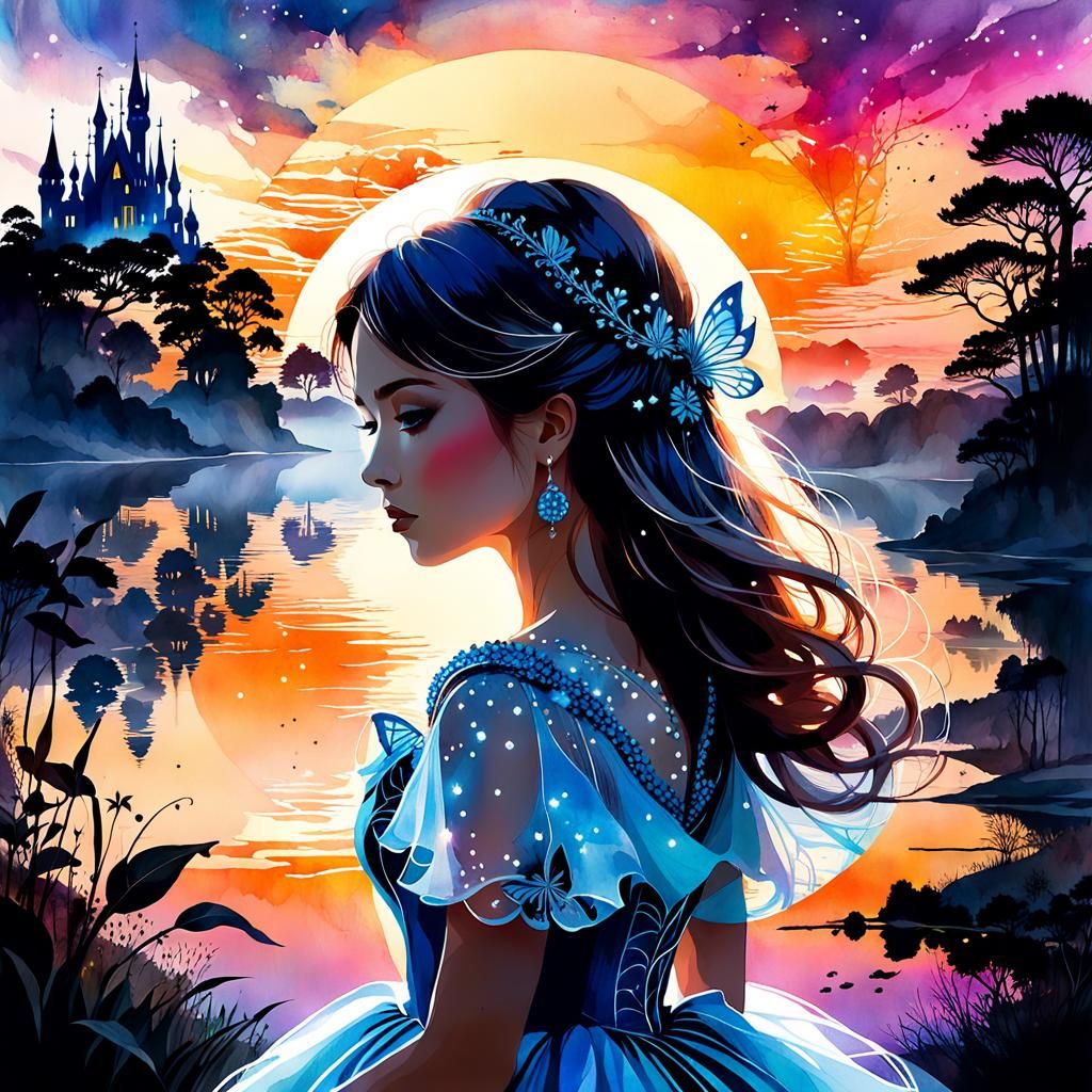 Cinderella fairytale culture Double exposure silhouette reflective ...