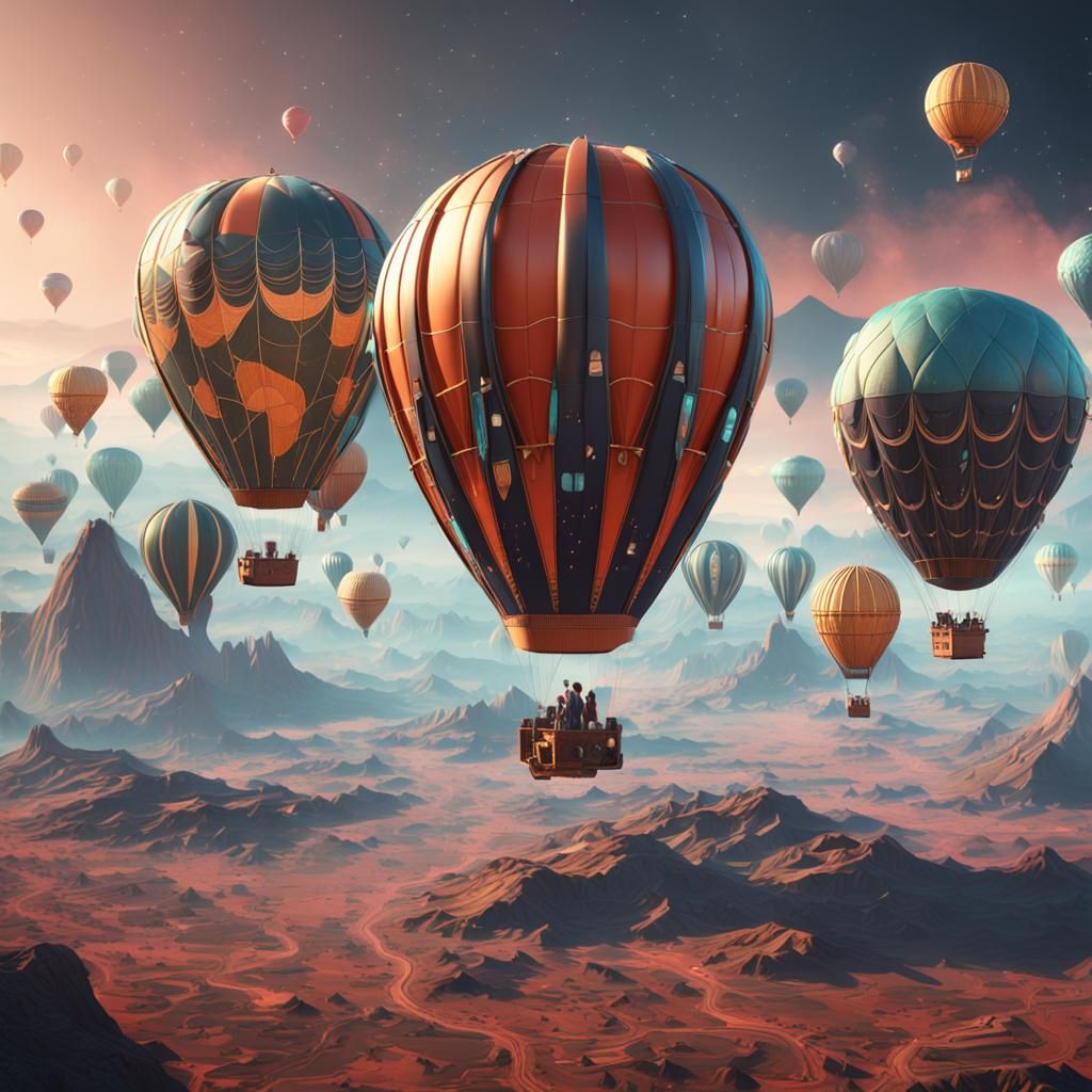 Mid century inspired Futuristic Hot Air Balloons in space. 3 colors ...