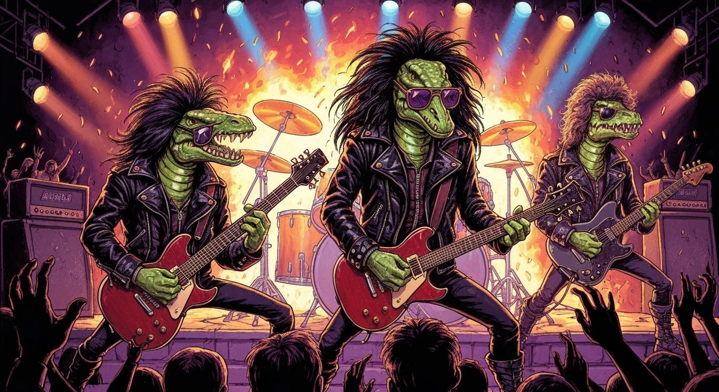 Reptilian Rock Band Concert in Ralph Bakshi Style - AI Art