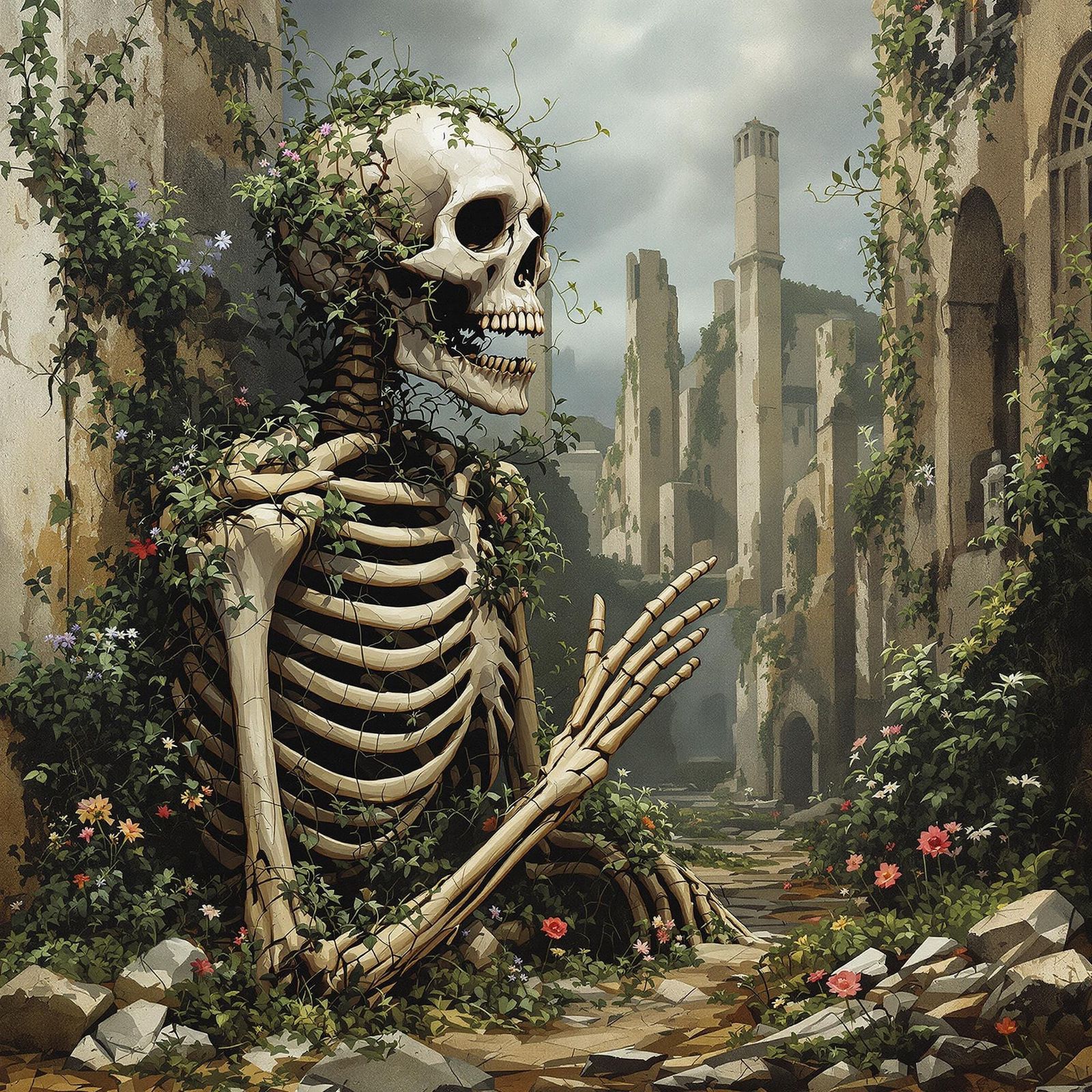 An ancient skeleton with vegetation and flowers growing from it, the ...
