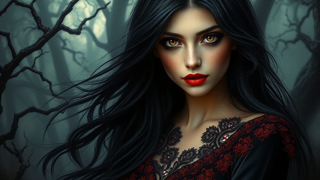 Enchantress in Midnight Velvet, with Ruby Lips and... - AI Art