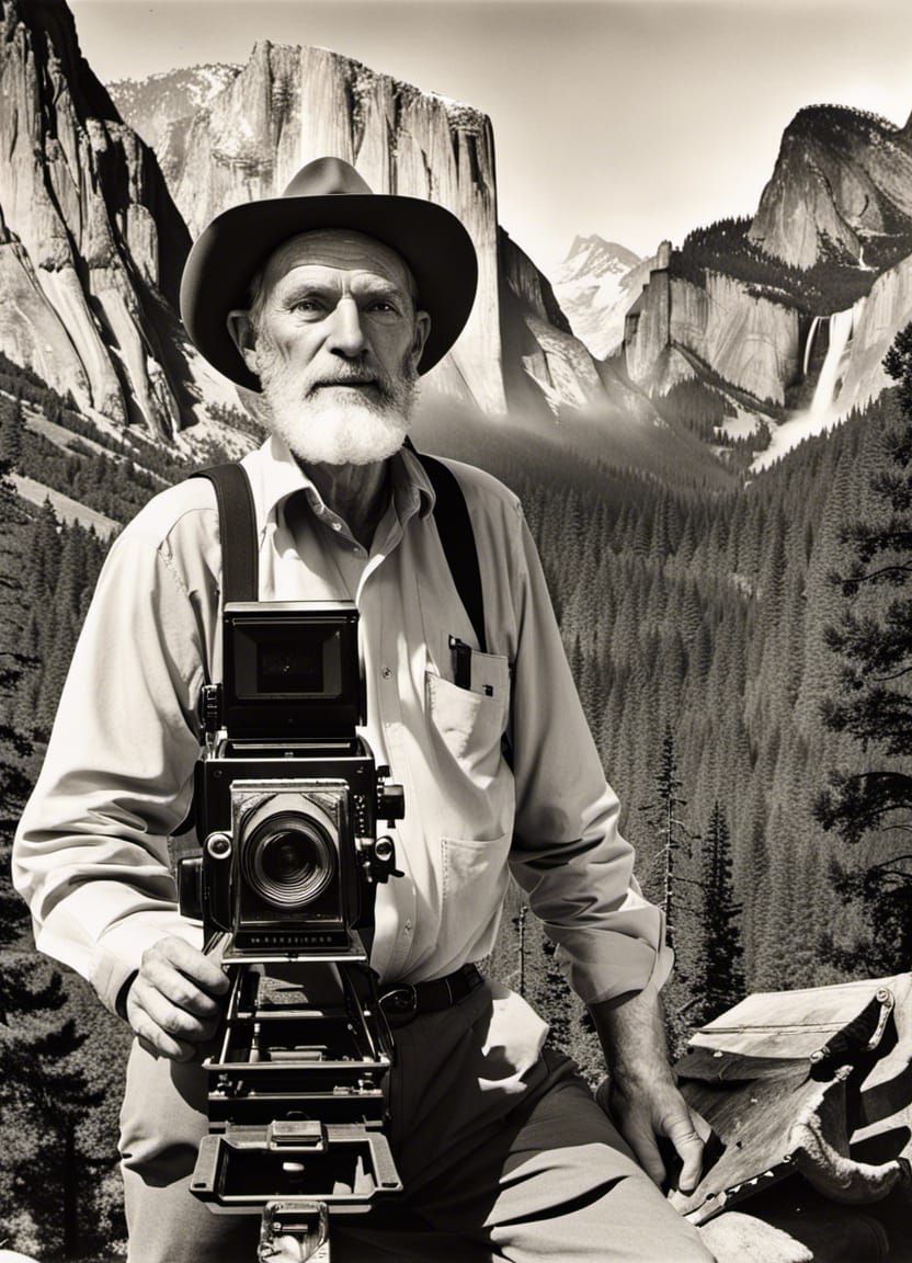Ansel Adams with a large format camera in Yosemite. Hyperrealistic ...