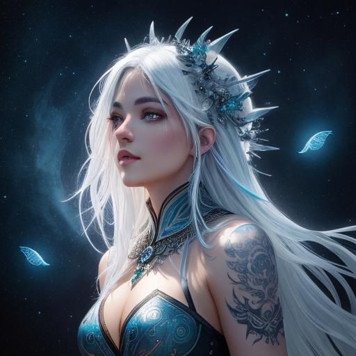 Beautiful dark moon goddess covered in nightly glow with detailed silver features under the moon ...