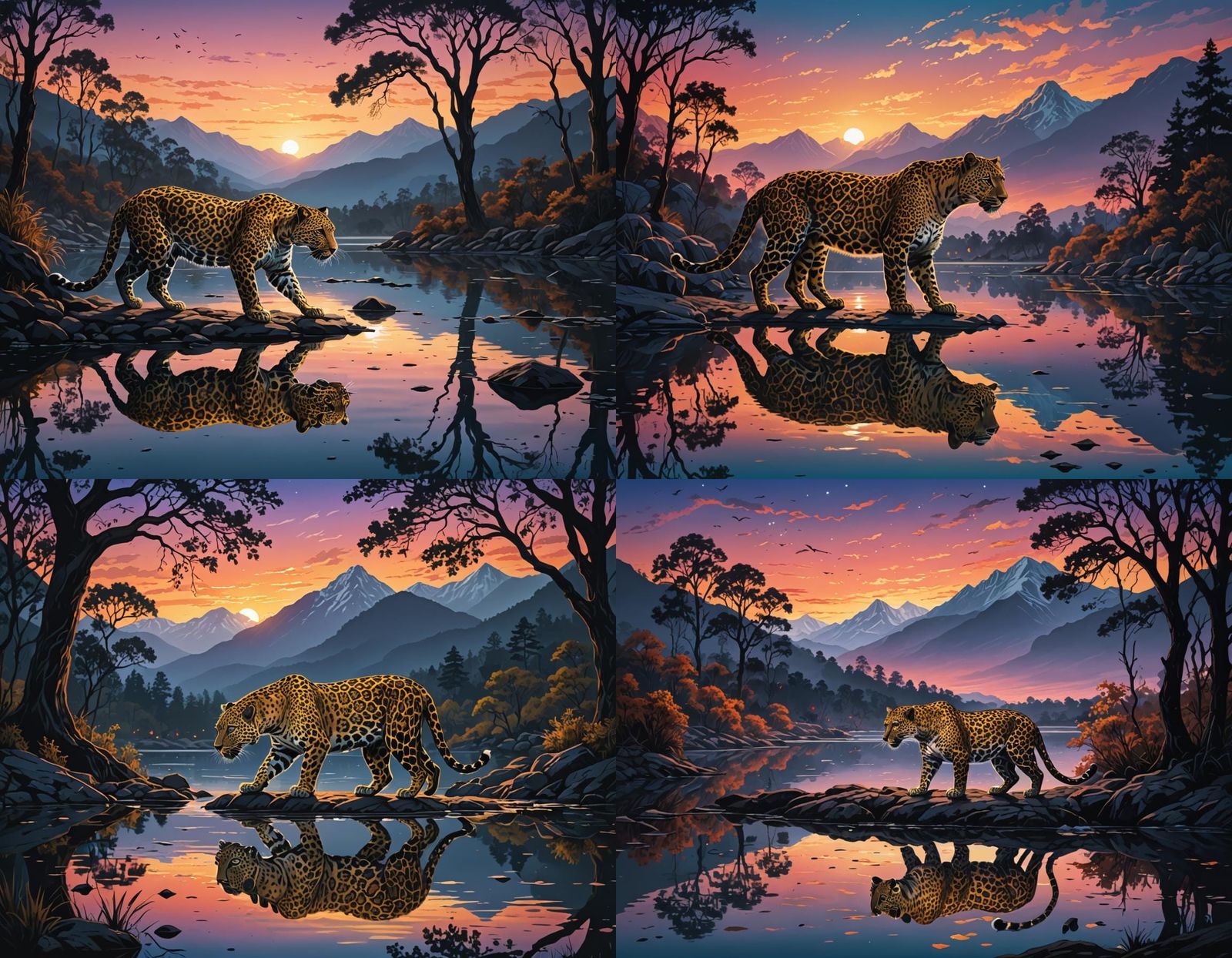 (A beautiful sky, silhouette of a leopard hunting, roaring fire ...