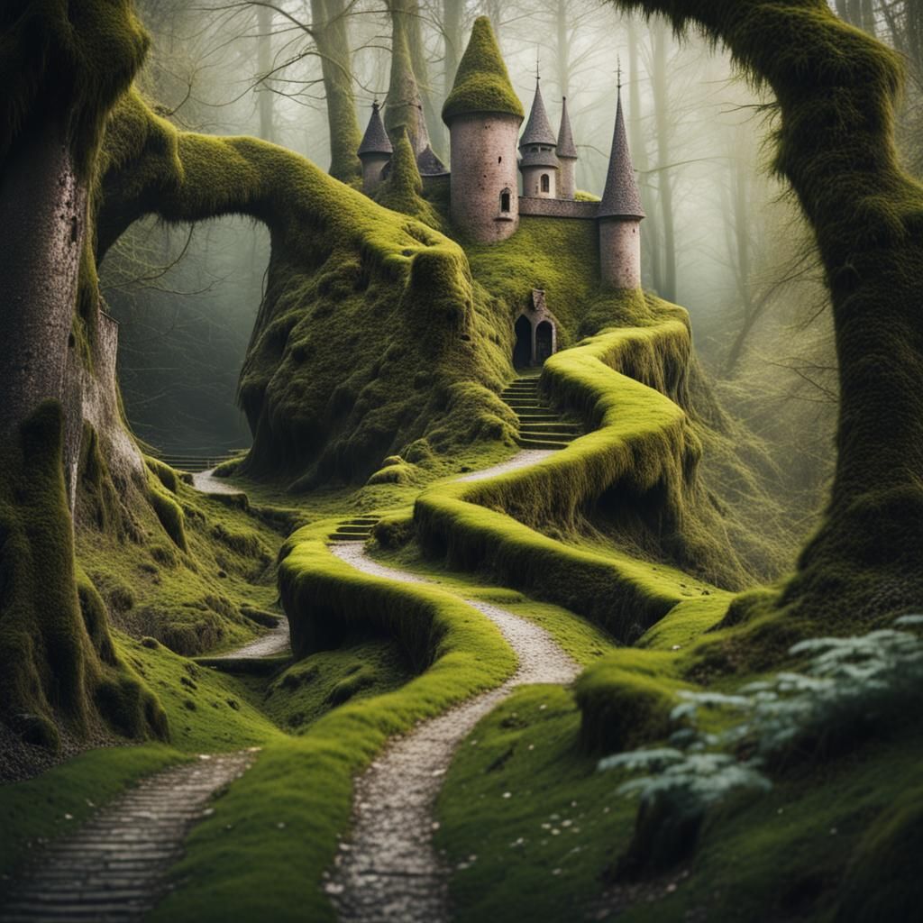 long, winding mossy path through a mystical forest to a magic castle ...