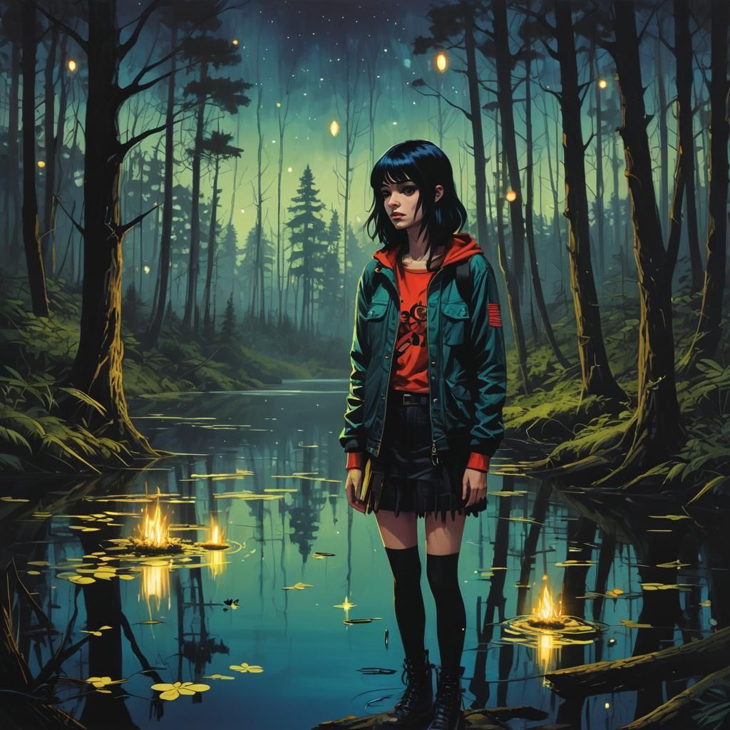 Pop art, emo girl, bright clothes, dark forest, glowing lake and ...